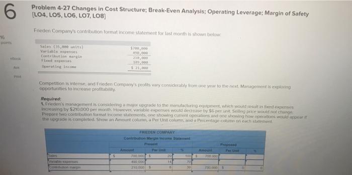 Solved 6 Problem 4-27 Changes in Cost Structure; Break-Even | Chegg.com