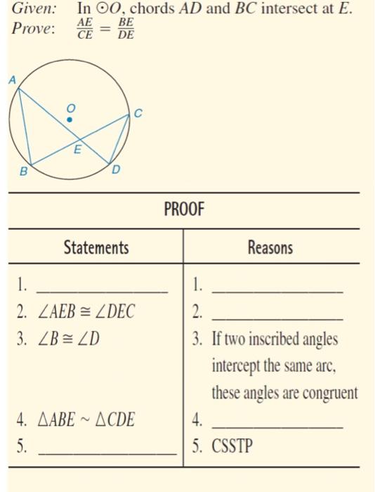 Given: In ⊙O, chords AD and BC intersect at E. Prove: | Chegg.com
