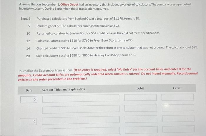 Solved Assume that on September 1, Office Depot had an | Chegg.com