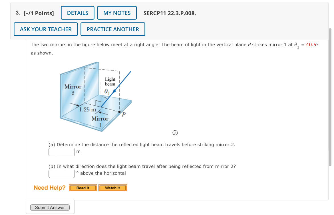 Solved [-/1 ﻿Points]SERCP11 22.3.P.008.The two mirrors in | Chegg.com