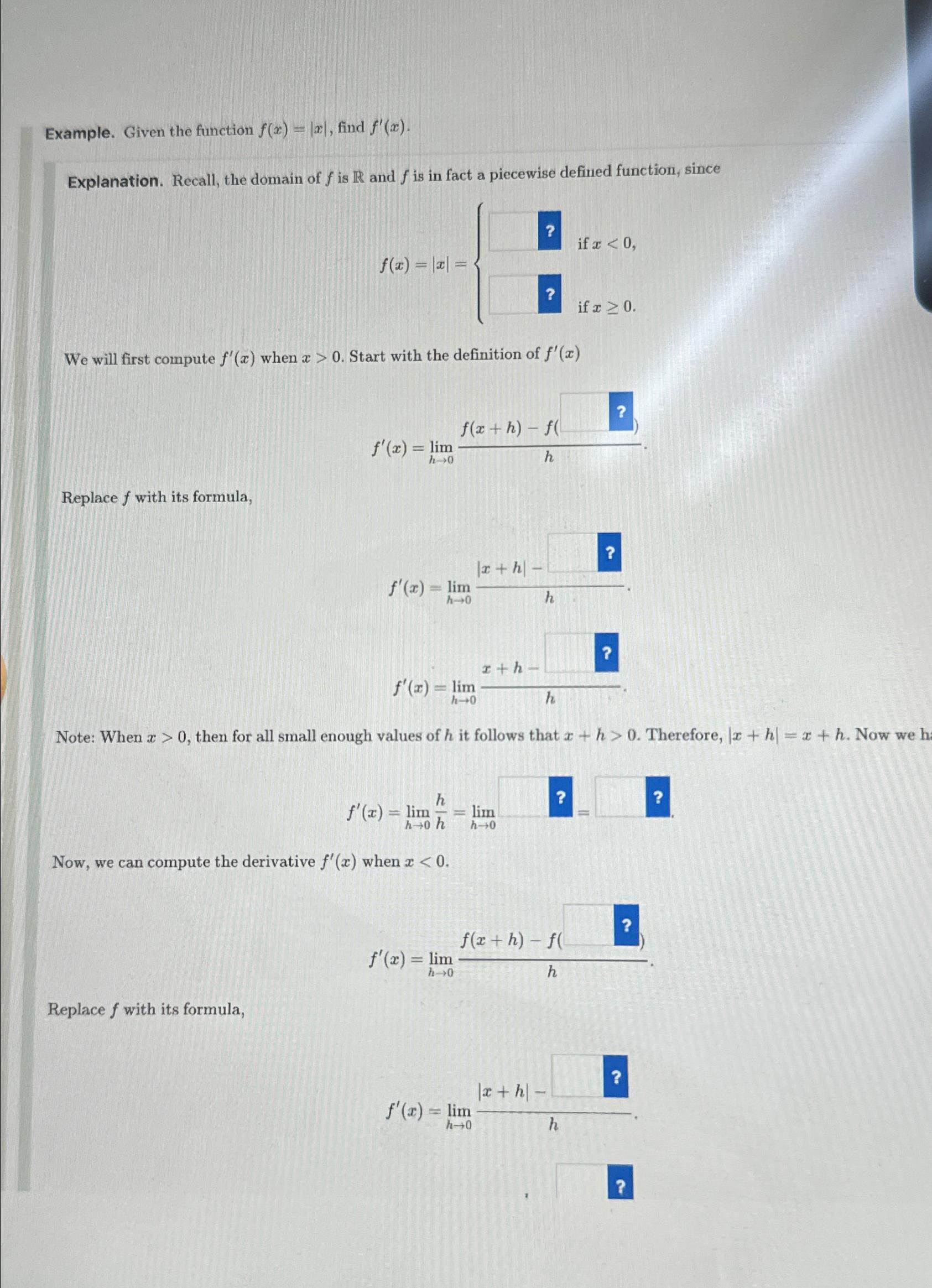 Solved Example. Given the function f(x)=|x|, ﻿find | Chegg.com