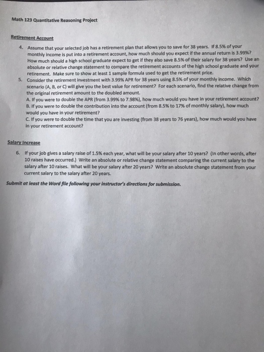 Math 123 Quantitative Reasoning Project Financial | Chegg.com