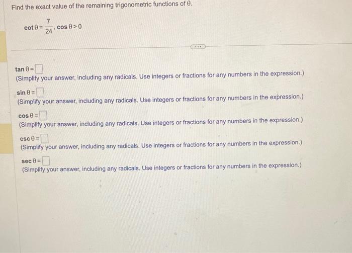 Solved Find the exact value of the remaining trigonometric | Chegg.com