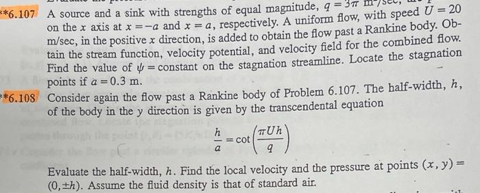 Solved a **6.107 A source and a sink with strengths of equal | Chegg.com
