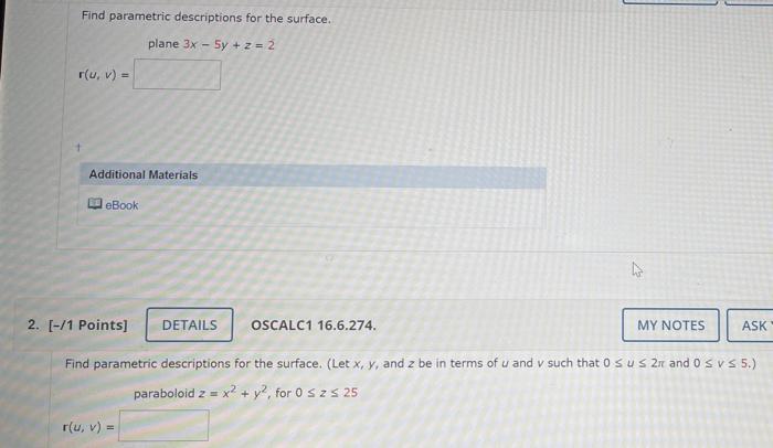 Solved Find parametric descriptions for the surface. plane | Chegg.com