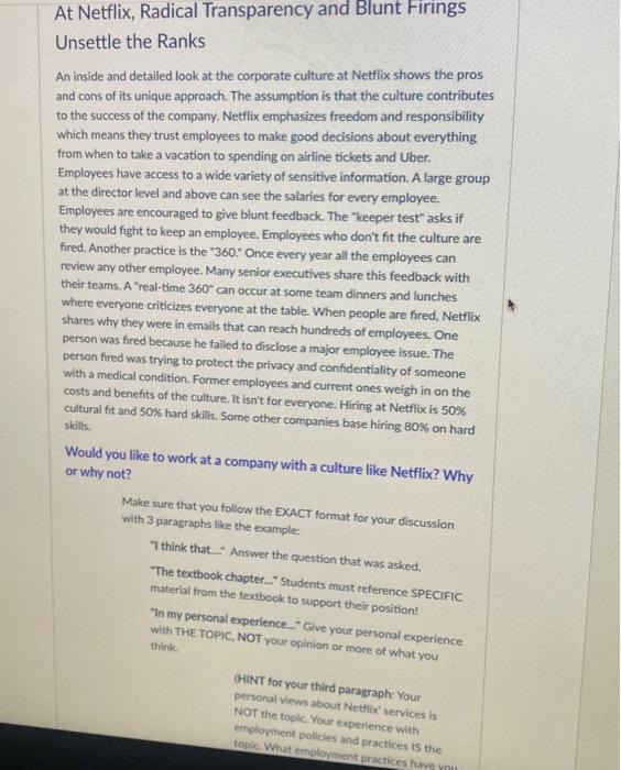 Solved At Netflix, Radical Transparency and Blunt Firings | Chegg.com