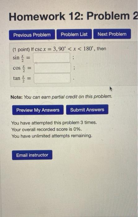 Solved Homework 12: Problem (1 point) If cscx=3,90∘ | Chegg.com