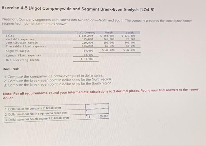 Solved Exercise 4-5 (Algo) Companywide and Segment | Chegg.com