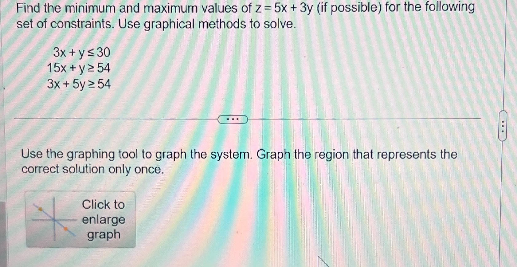 Solved Find the minimum and maximum values of z=5x+3y (if | Chegg.com