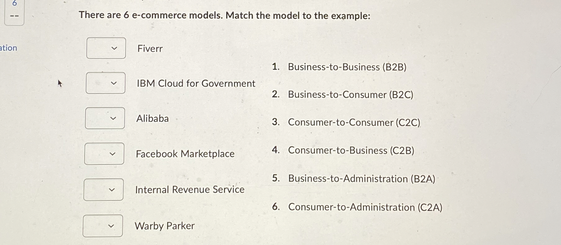 Solved There are 6 ﻿e-commerce models. Match the model to | Chegg.com