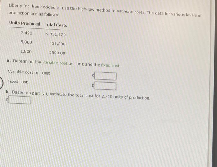 Solved Liberty Inc. has decided to use the high-low method | Chegg.com