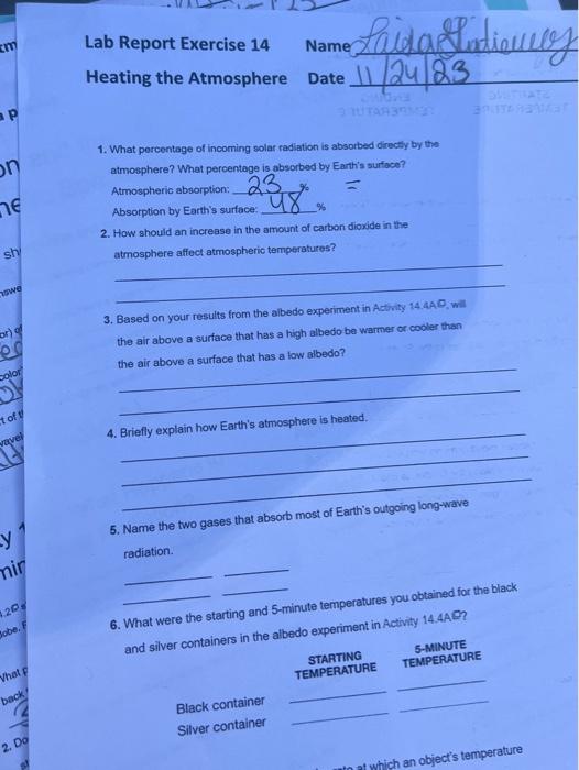 Solved Lab Report Exercise 14 Heating the Atmosphere Name | Chegg.com
