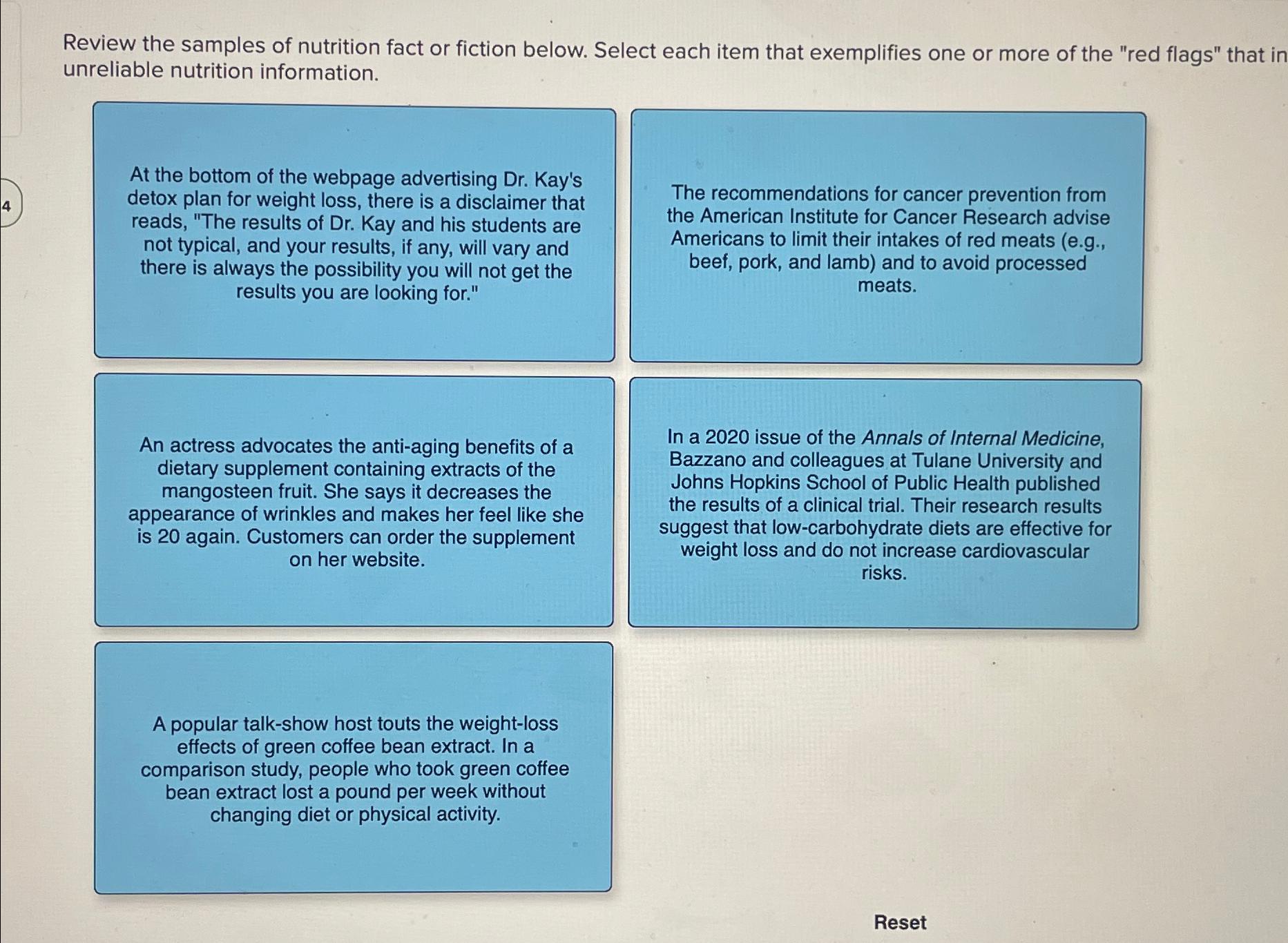 Solved Review the samples of nutrition fact or fiction | Chegg.com