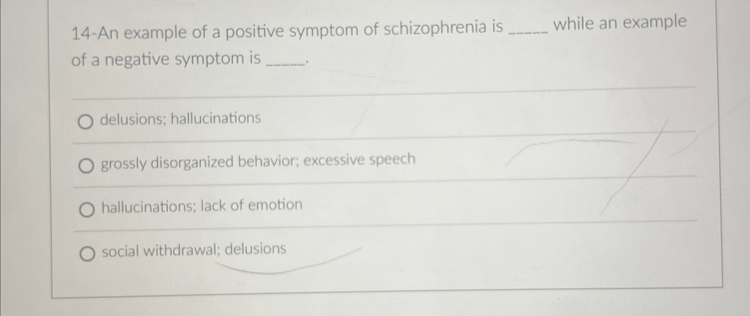 Solved 14-An example of a positive symptom of schizophrenia | Chegg.com