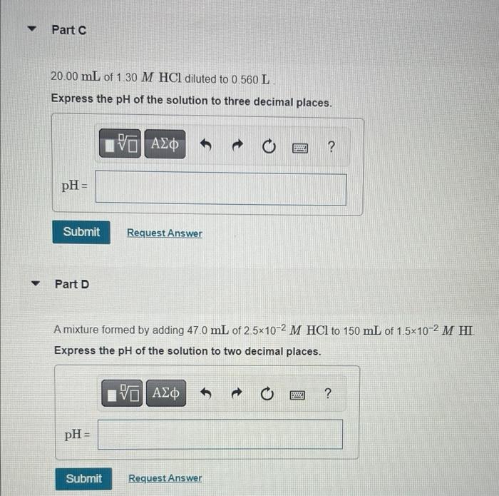 Solved 20.00 mL of 1.30MHCl diluted to 0.560 L. Express the | Chegg.com