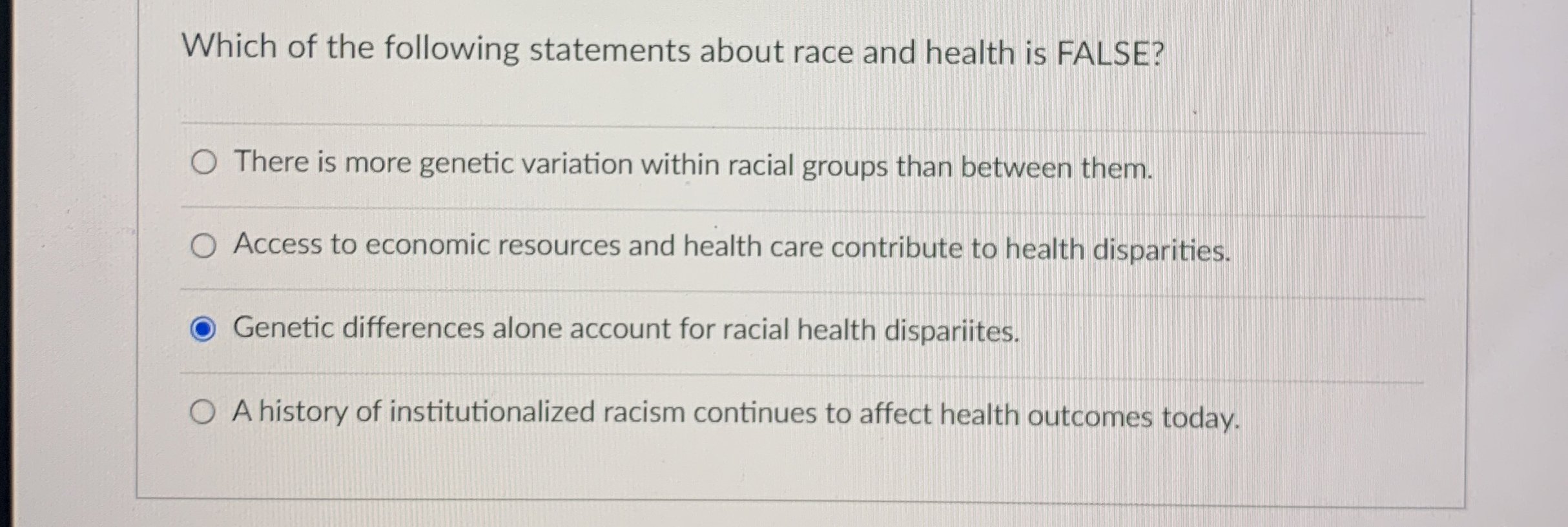 Solved Which of the following statements about race and | Chegg.com