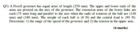 Solved (3) A Proell governor has equal arms of length (250 | Chegg.com