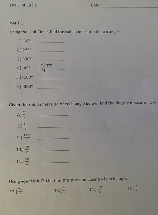 Solved PART 1: Using the Unit Circle, find the radian | Chegg.com