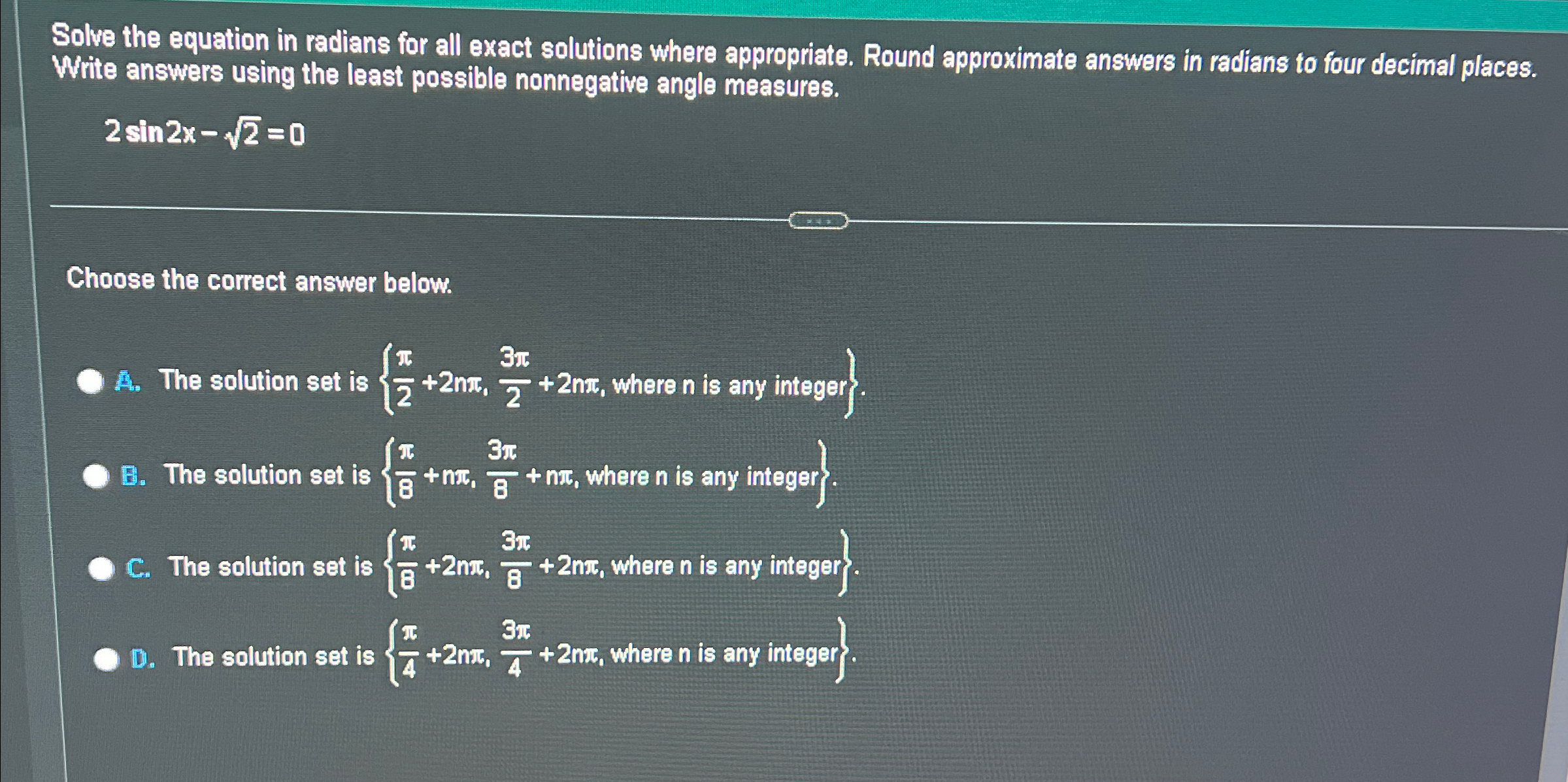 Solved Solve the equation in radians for all exact solutions | Chegg.com