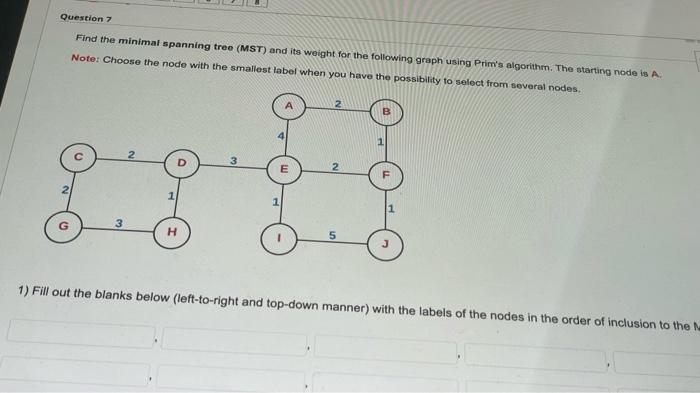 [Solved]: and weight Question 7 Find the minimal spanning tr