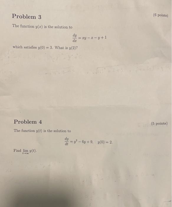 Solved Problem 3 (6 points) The function y(x) is the | Chegg.com