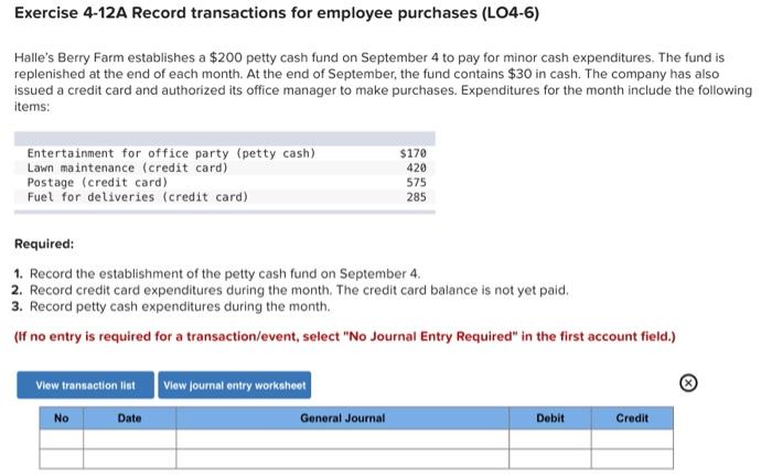 Solved Exercise 4-12A Record transactions for employee | Chegg.com