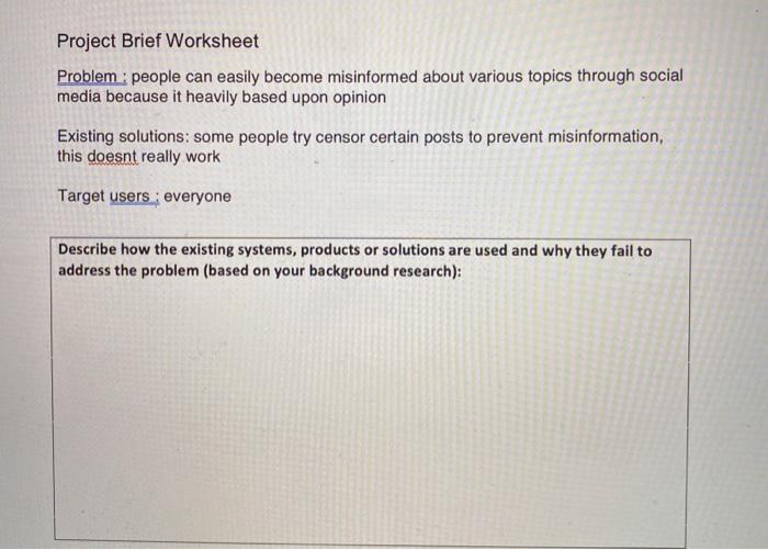 Solved Project Brief Worksheet Problem : people can easily | Chegg.com