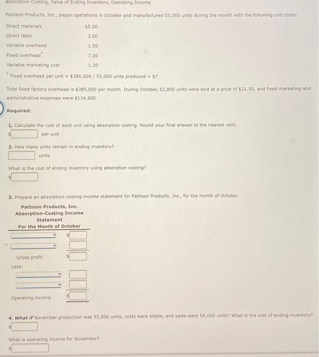 Solved Absorption Costing. Value of Ending Inventory, | Chegg.com