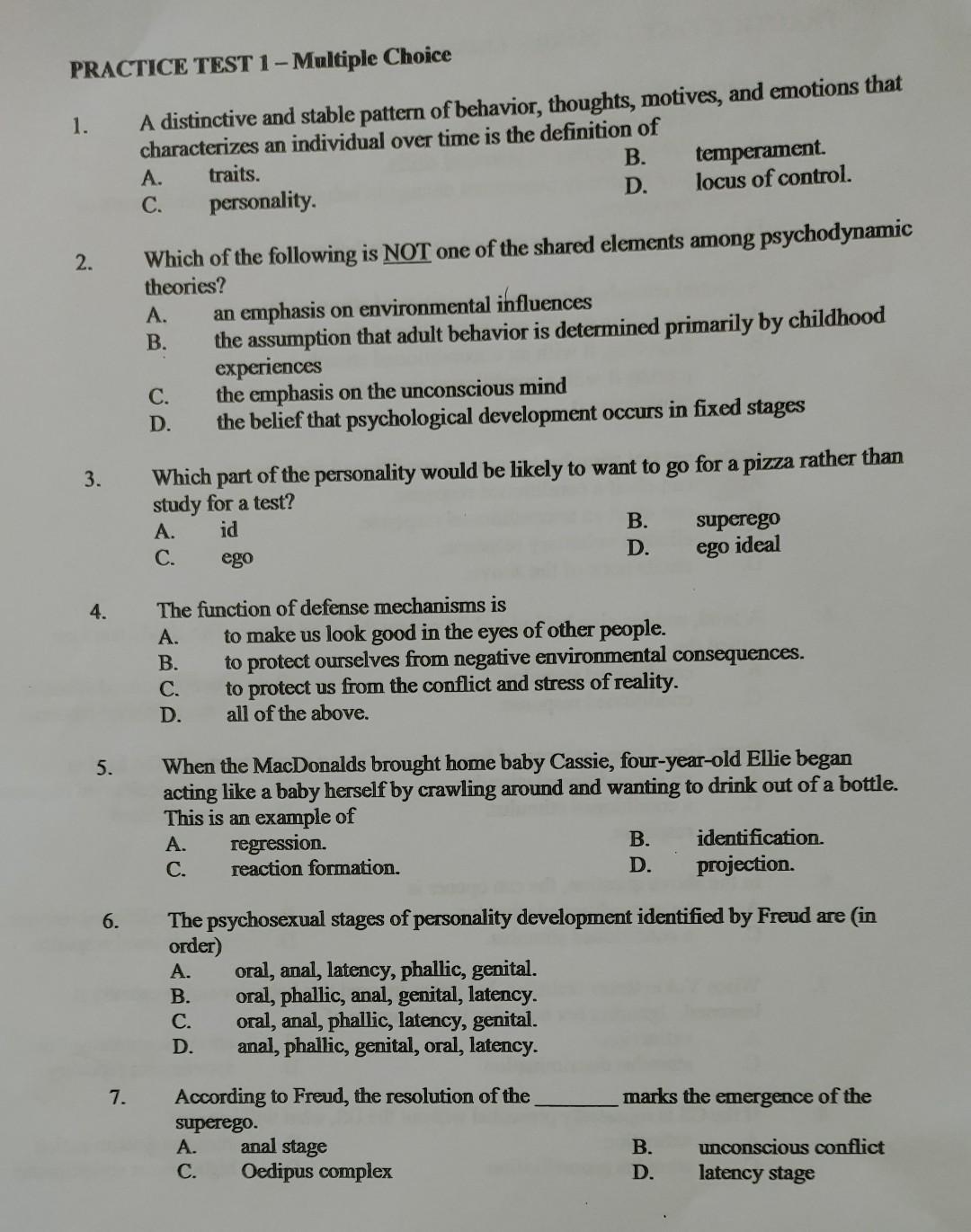 Solved 1. A distinctive and stable pattern of behavior, | Chegg.com