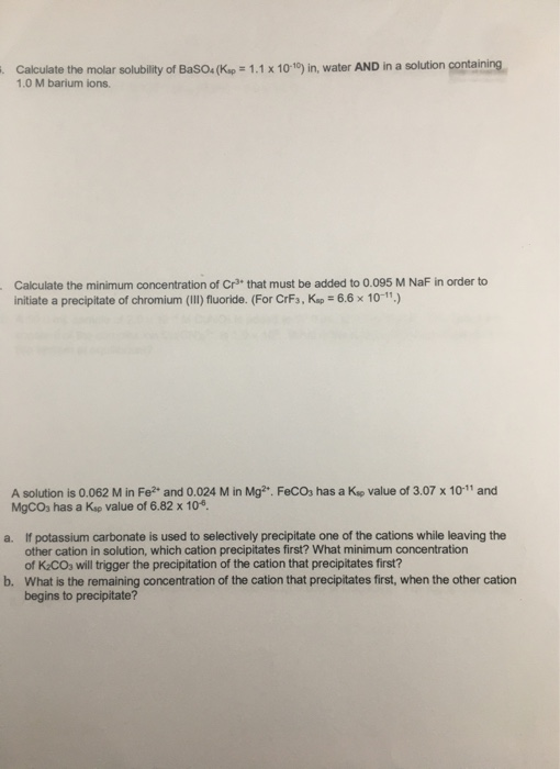 Solved Calculate the molar solubility of BaSO4(K 1.0 M | Chegg.com