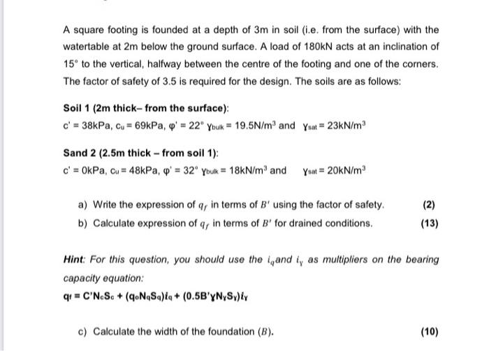 A square footing is founded at a depth of 3 m in soil | Chegg.com