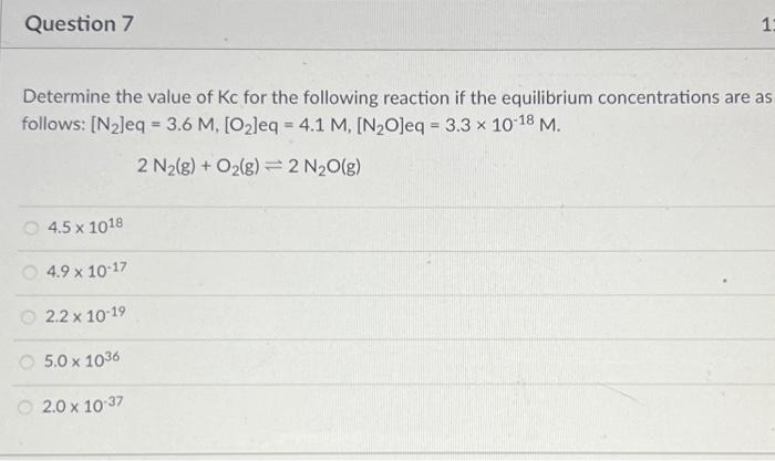 Solved Determine the value of Kc for the following reaction | Chegg.com