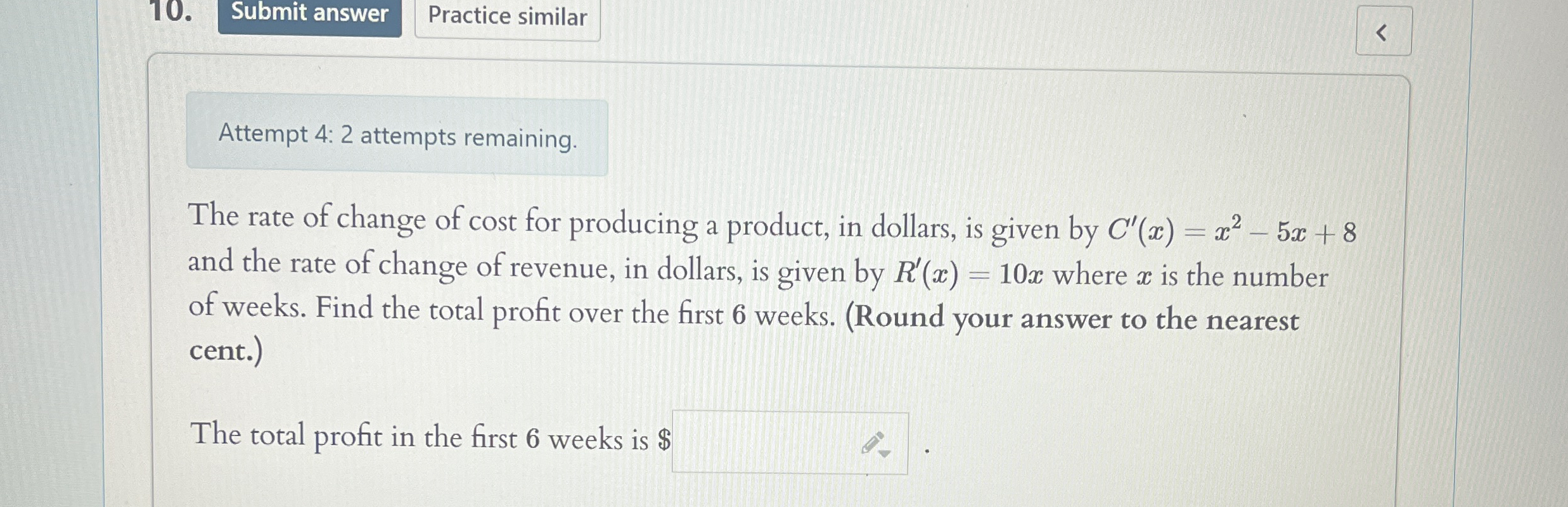 Submit answerPractice similarAttempt 4: 2 ﻿attempts | Chegg.com