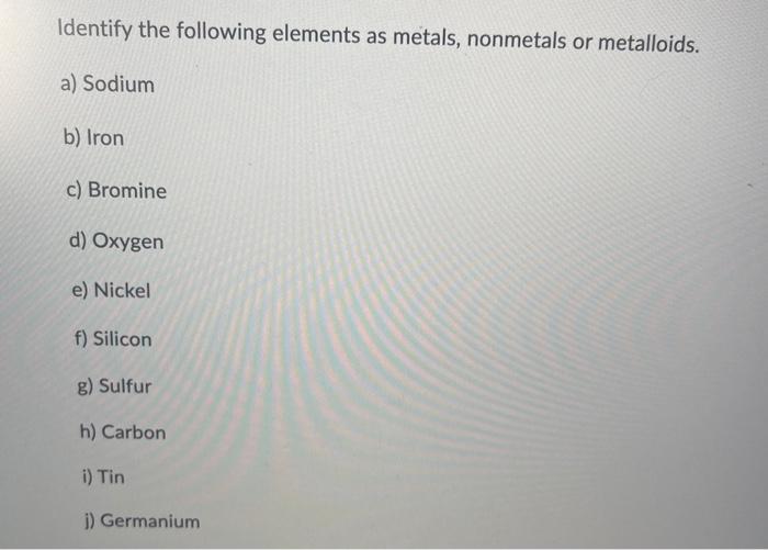 Solved Identify the following elements as metals, nonmetals | Chegg.com