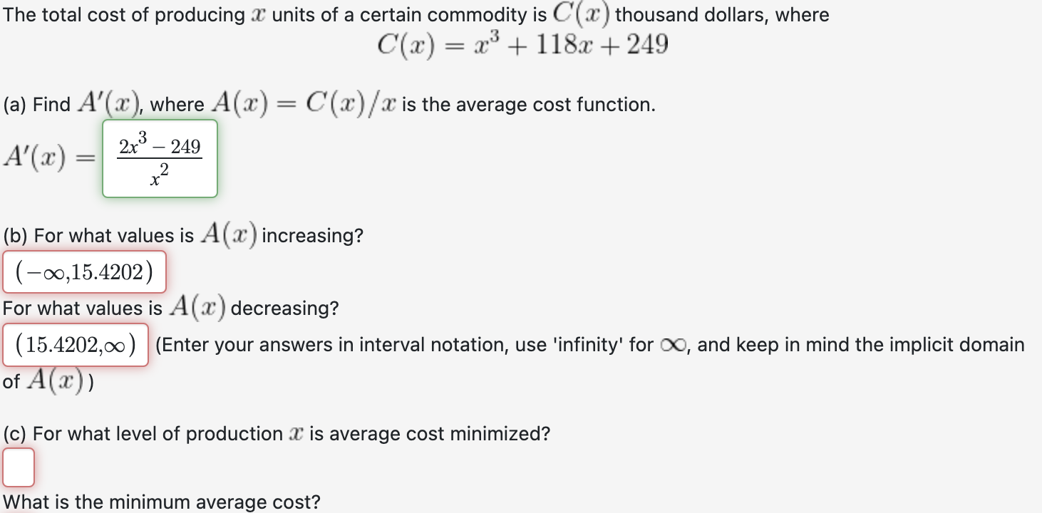Solved he total cost of producing x units of a certain | Chegg.com
