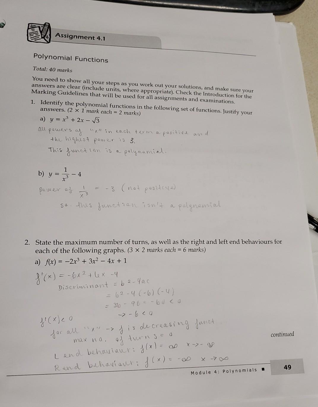 Solved Assignment 4.1 Polynomial Functions Total: 40 marks | Chegg.com
