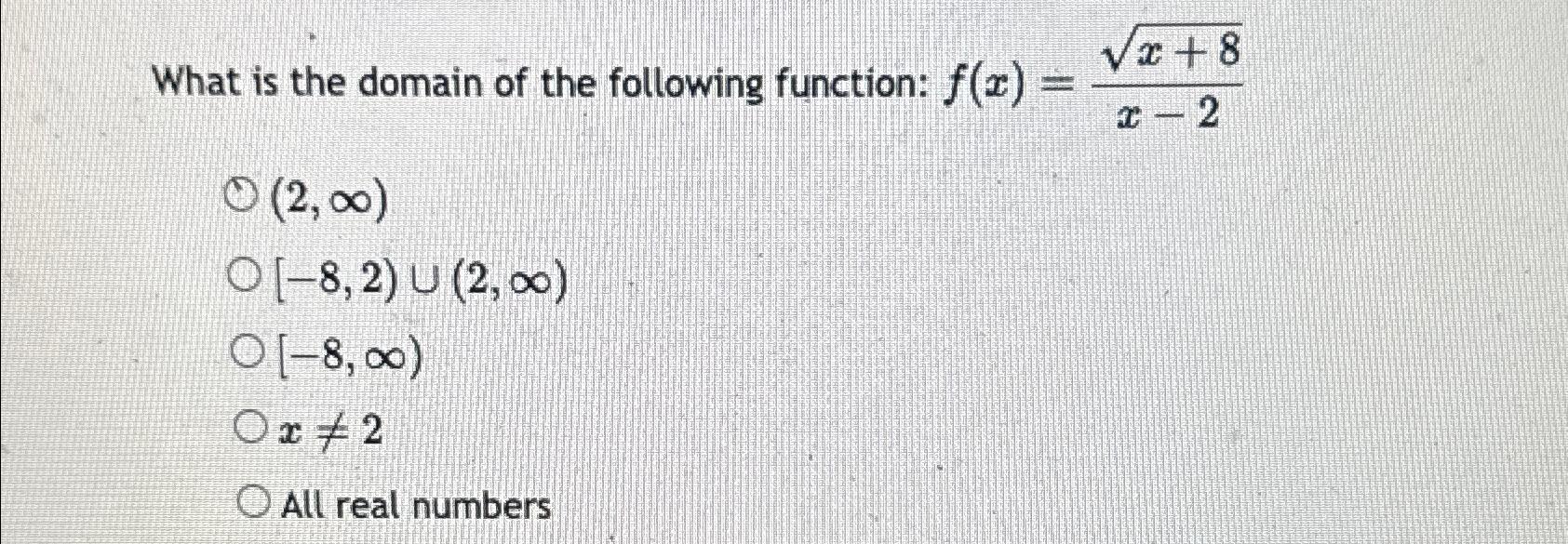 Solved What is the domain of the following function: | Chegg.com