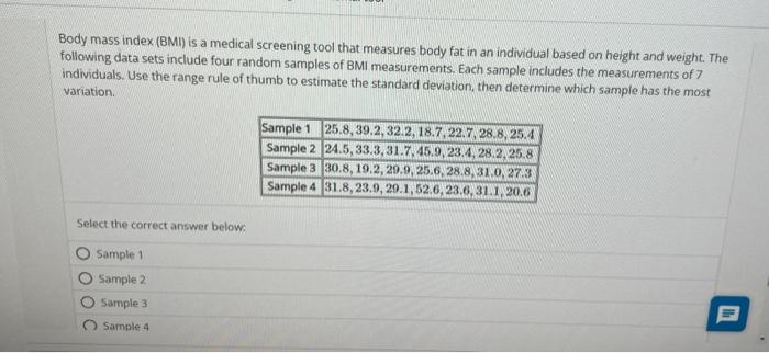 Solved Body Mass Index BMI Is A Medical Screening Tool Chegg