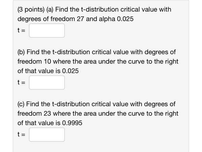 Solved (3 points) (a) Find the t-distribution critical value | Chegg.com