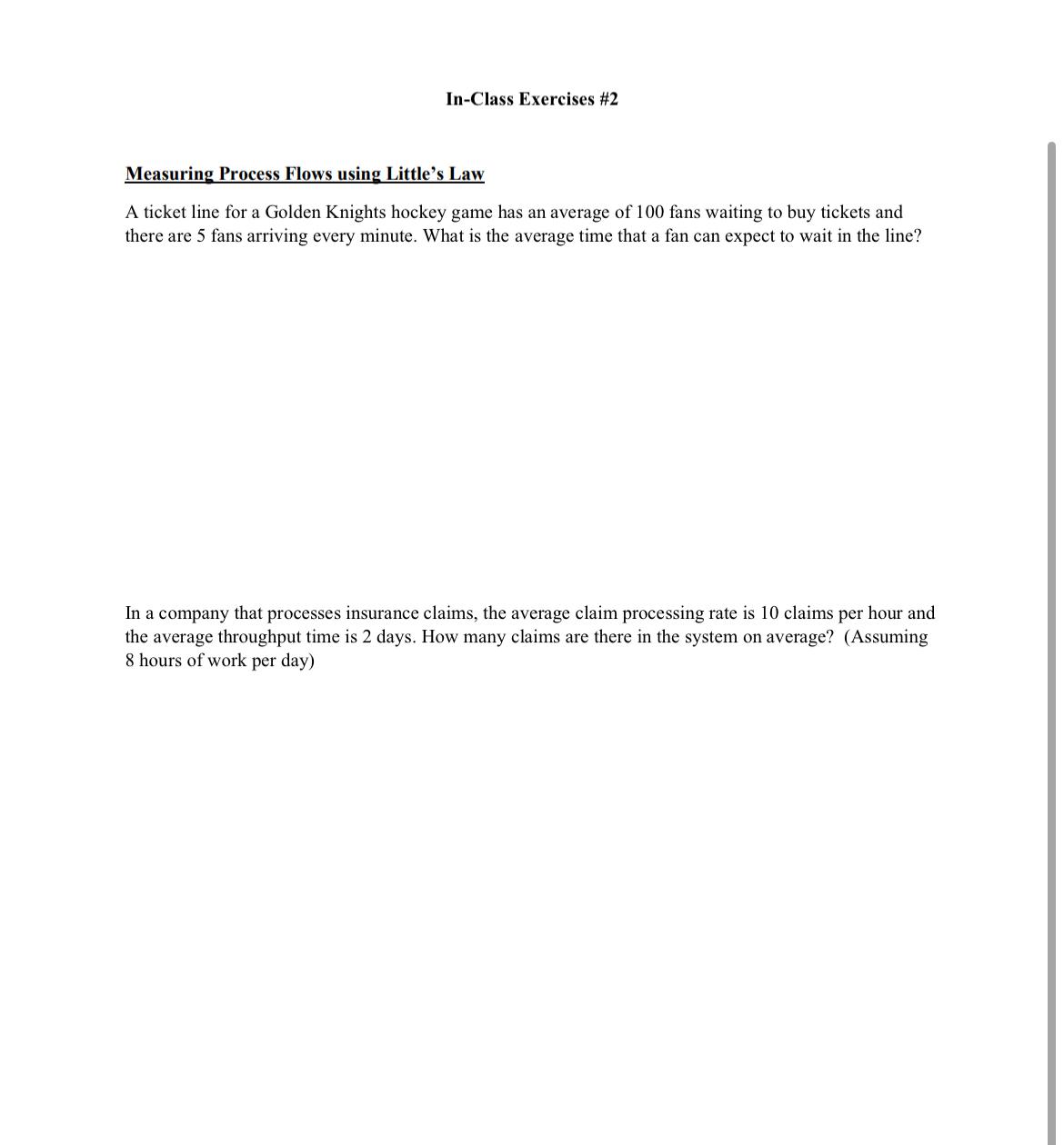 Solved In-Class Exercises #2Measuring Process Flows using | Chegg.com