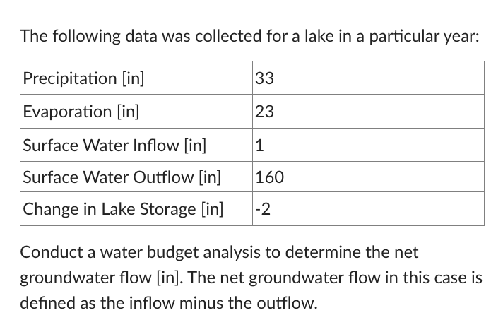 Solved by an EXPERT The following data was collected for a lake in a | Chegg.com