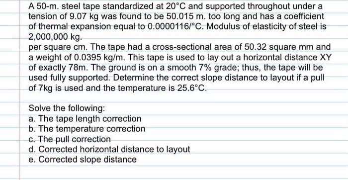 Solved A 50-m. steel tape standardized at 20∘C and supported | Chegg.com