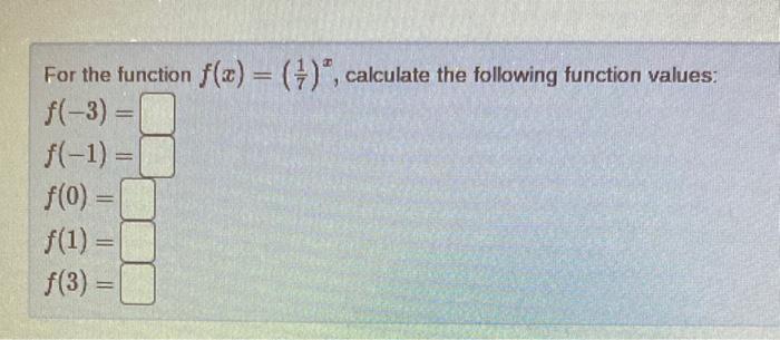 Solved For the function f(x)=(71)x, calculate the following | Chegg.com