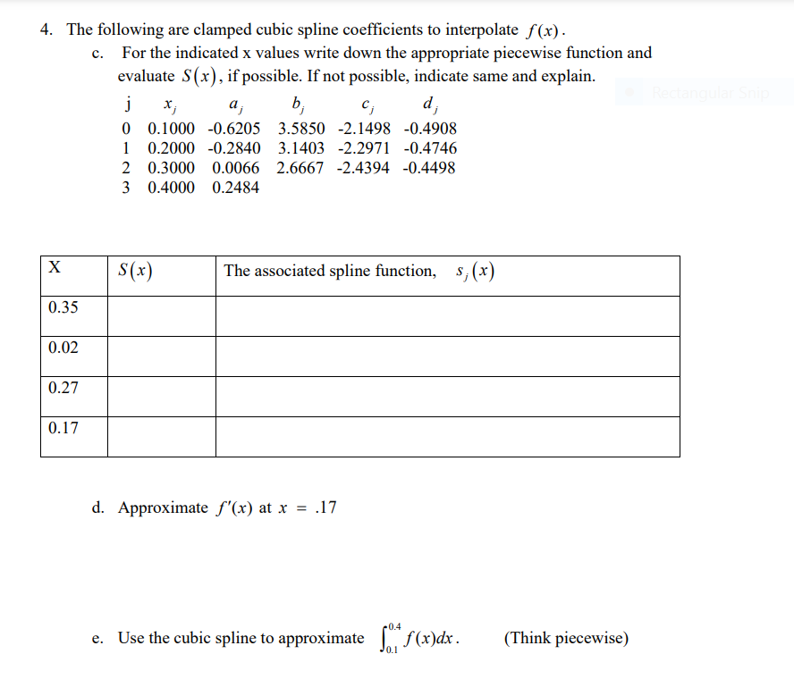 The following are clamped cubic spline coefficients | Chegg.com