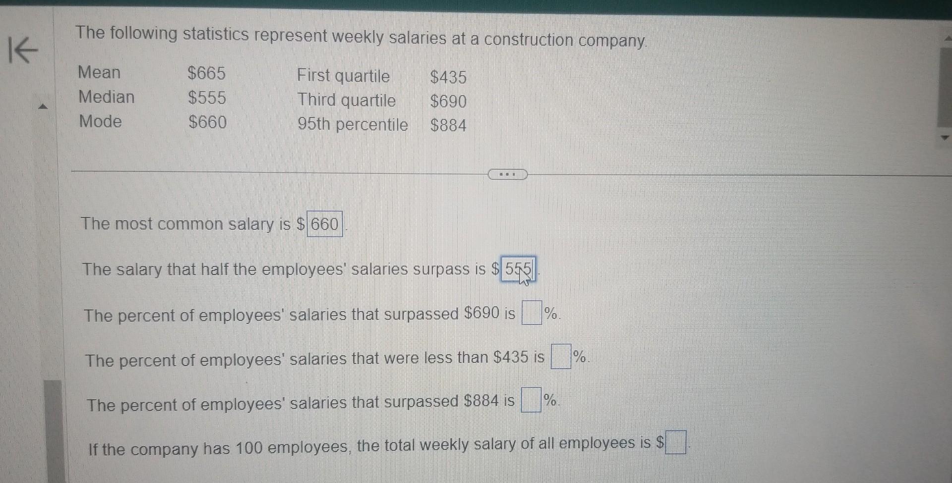 Solved The following statistics represent weekly salaries at | Chegg.com