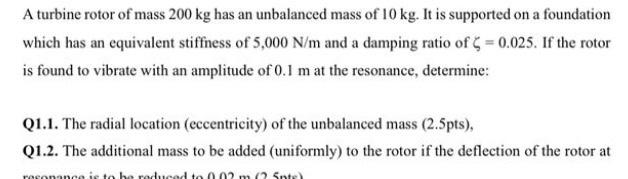 Solved A turbine rotor of mass 200 kg has an unbalanced mass | Chegg.com
