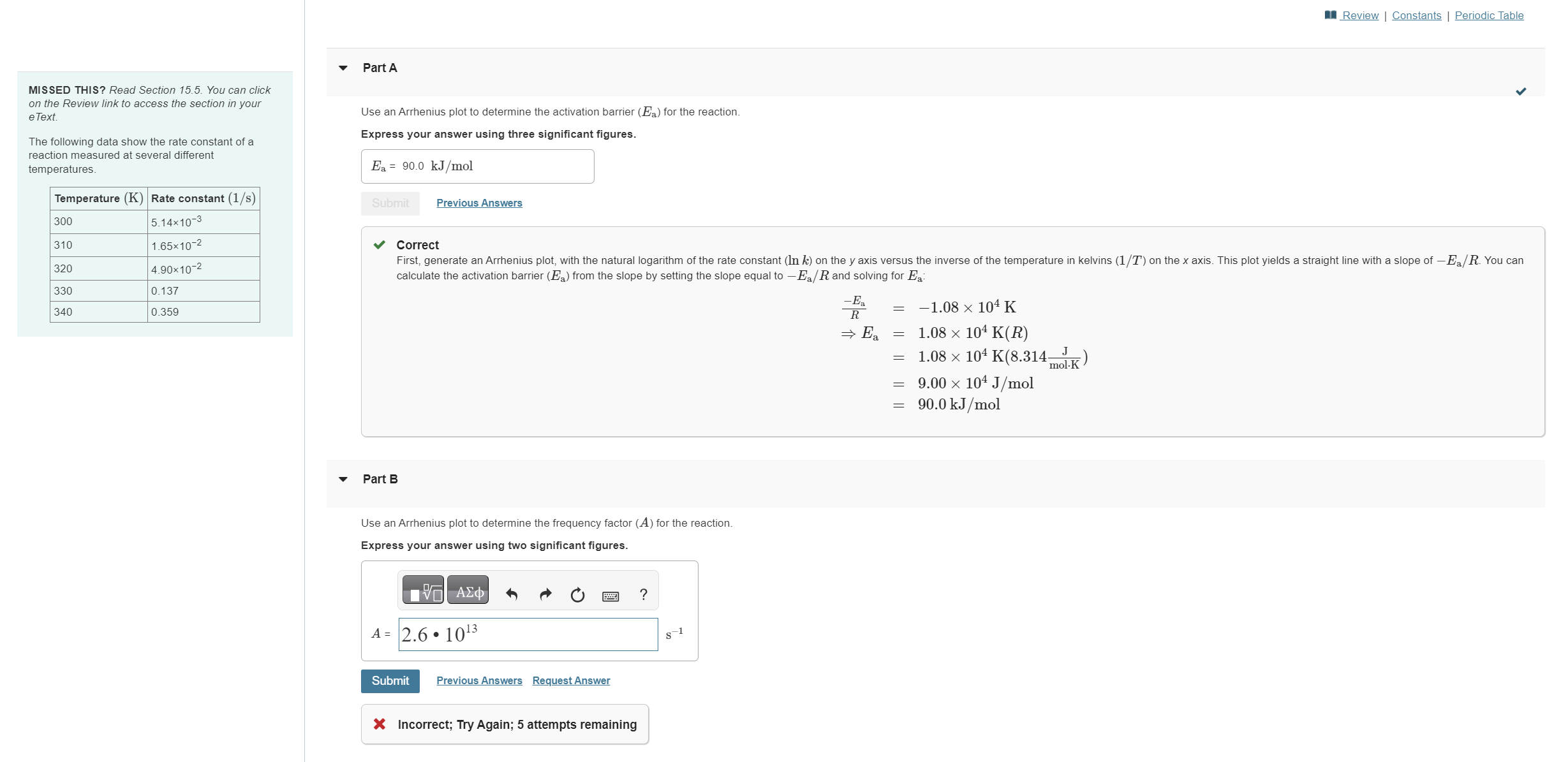 Solved Part AUse an Arrhenius plot to determine the | Chegg.com