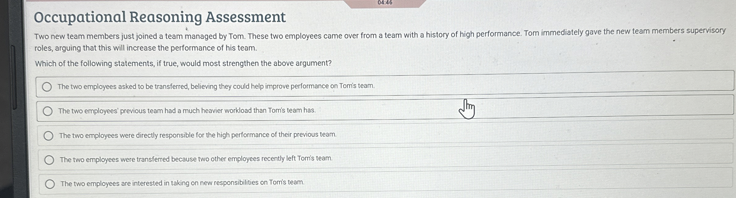 Solved Occupational Reasoning AssessmentTwo new team members | Chegg.com