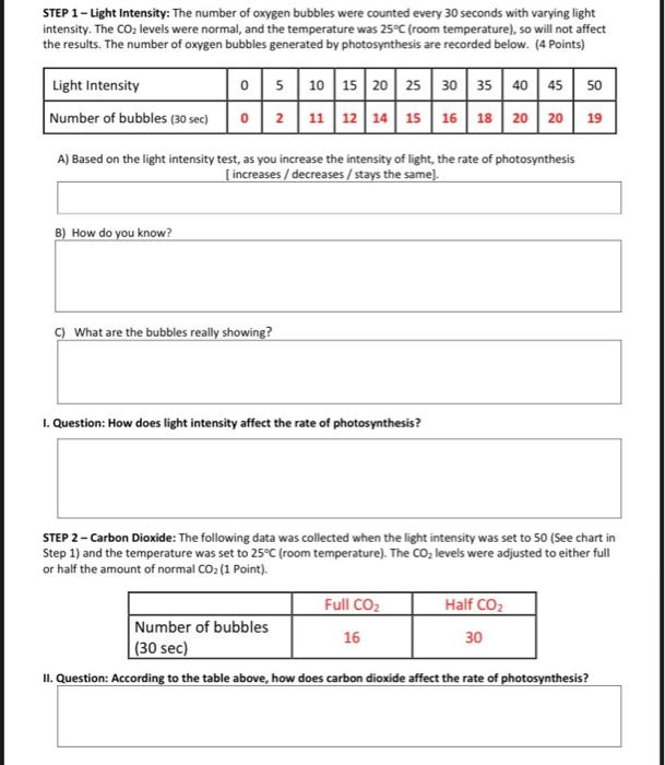 Solved STEP 1 - Light Intensity: The number of oxygen | Chegg.com
