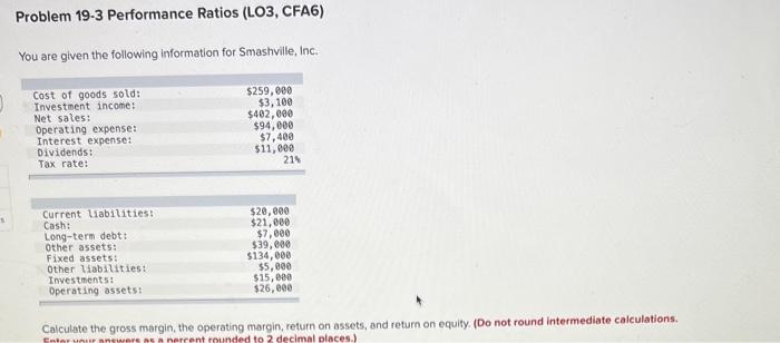 Solved Problem 19-3 Performance Ratios (LO3, CFA6) You are | Chegg.com